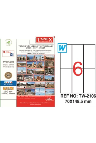 Tanex Lazer Etiket 100 Yaprak Laser-Copy-Inkjet 70X148.5 TW-2106