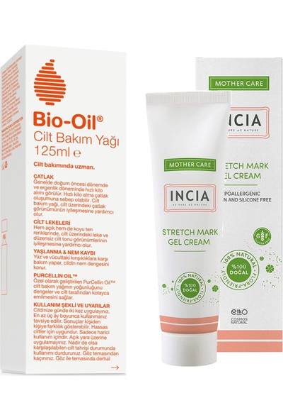 Bio-Oil Çatlak Karşıtı Cilt Bakım Yağı 125 ml + Incia Karın Çatlak Kremi 75 ml
