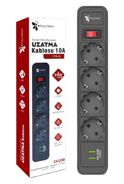 Termal Akım Korumalı Isıya Karşı Dayanıklı 4'lü Priz Kablo Uzunluğu 2 mt 2xusb Termal Akım Korumalı Isıya Karşı Dayanıklı 4'lü Priz Kablo Uzunluğu 2 mt 2xusb