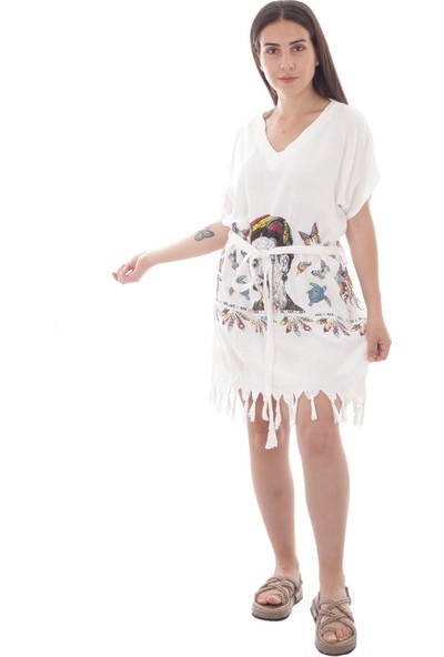 Otantik Textile Kadın Atb Beyaz Peştamal Otantik Yarım Kollu Sahil/plaj Elbisesi