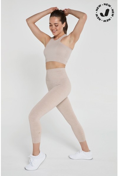 Jerf Palmi Melanj Desenli Yüksek Bel Tayt Açık Kahve