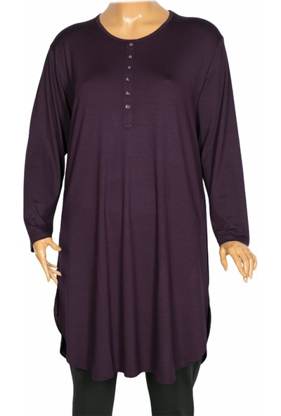Hermevsim Ptr Ferah Büyük Beden Basic Patlı Süs Düğmeli Mürdüm Tunik