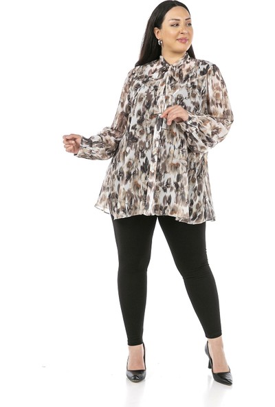 Disentis Modest Büyük Beden Çiçek Desenli Kendinden Fularlı Manşetli Bej Rengi Şifon Gömlek