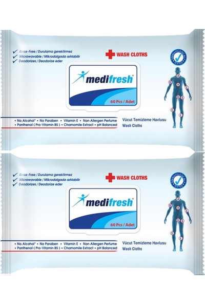 Medifresh Yetişkin Hasta Vücut Temizleme Mendil-Havlusu 60 Yaprak (2 Li Set) Plastik Kapaklı Medifresh Yetişkin Hasta Vücut Temizleme Mendil-Havlusu 60 Yaprak (2 Li Set) Plastik Kapaklı