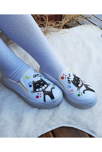 Shonex Kız Çocuk Beyaz Keten Siyah Kedi Baskılı Babet Günlük Spor Ayakkabı Shonex Kız Çocuk Beyaz Keten Siyah Kedi Baskılı Babet Günlük Spor Ayakkabı