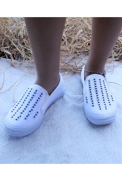 Shonex Kız Çocuk Beyaz Keten Babet Günlük Taşlı Ayakkabı