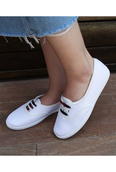 Sonex Kadın Beyaz Keten Renkli Bağcıklı Babet Günlük Ayakkabı