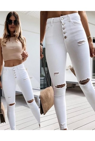 Rengamoda Beş Düğmeli Beyaz Yırtık Kot