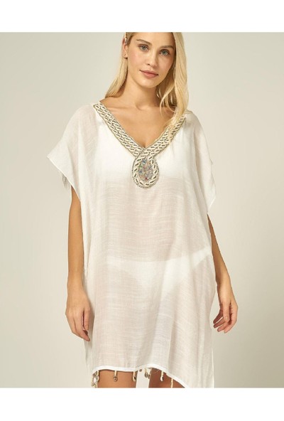 As Collection V Yaka Desenli Deniz Kabuğu Aksesuarlı Kadın Pareo