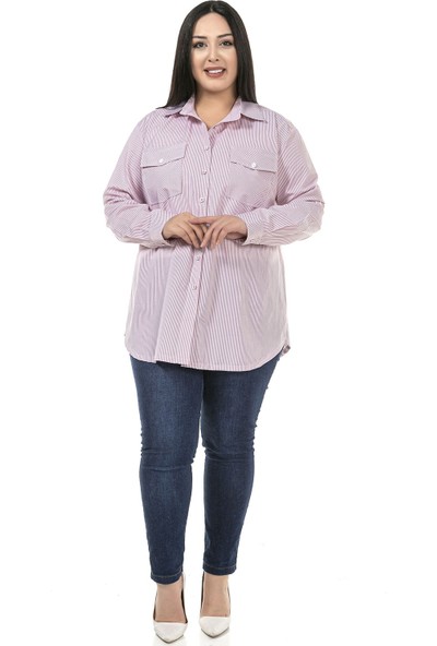Disentis Modest Büyük Beden Göğüsten Cepli Katlamalı Kollu Pembe Çizgili Gömlek