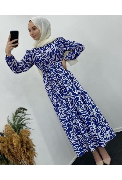 Nacar Çarşı Kadın Tam Boy Beli Lastikli Desenli Keten Elbise