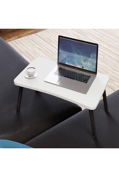 İntergo Renkli Laptop Sehpası Katlanabilir Yatak Koltuk Üstü Kahvaltı Bilgisayar Sehpası Beyaz