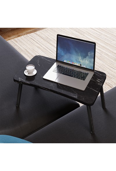 İntergo Renkli Laptop Sehpası Katlanabilir Yatak Koltuk Üstü Kahvaltı Bilgisayar Sehpası Siyah Mermer