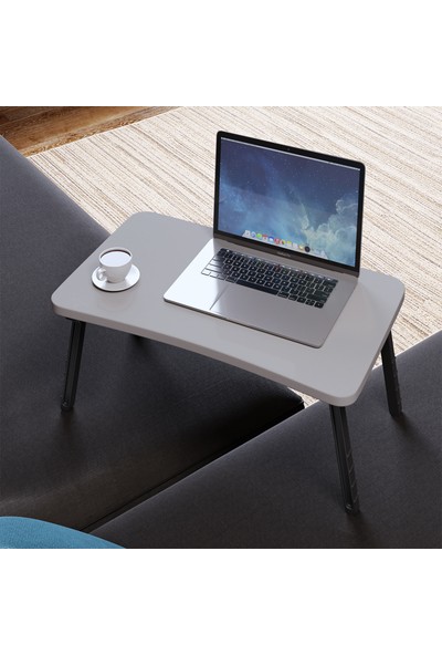 İntergo Renkli Laptop Sehpası Katlanabilir Yatak Koltuk Üstü Kahvaltı Bilgisayar Sehpası Gri