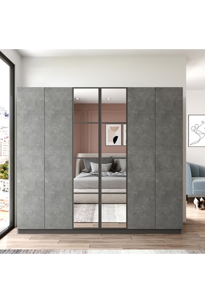 Yurudesign New Home Gardırop 6 Kapaklı Çekmeceli Aynalı Gardırop Elbise Dolabı Beton Hm3-Rg Yurudesign New Home Gardırop 6 Kapaklı Çekmeceli Aynalı Gardırop Elbise Dolabı Beton Hm3-Rg