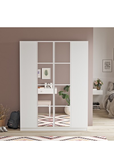 Yurudesign New Home Gardırop 4 Kapaklı Çekmeceli Aynalı Elbise Dolabı Hm2-W Yurudesign New Home Gardırop 4 Kapaklı Çekmeceli Aynalı Elbise Dolabı Hm2-W
