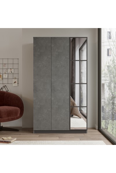 Yurudesign New Home 3 Kapaklı Çekmeceli Aynalı Gardırop Elbise Dolabı Beton Hm1-Rg