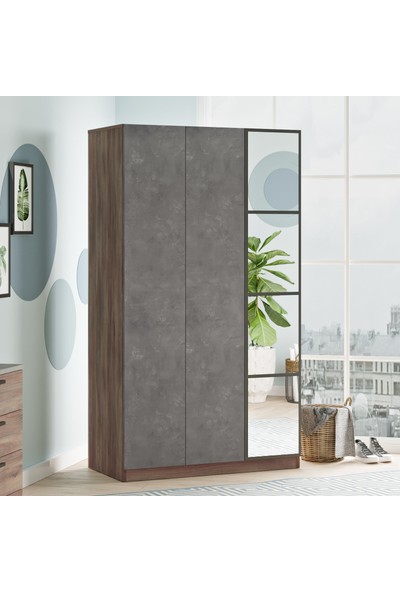 Yurudesign New Home 3 Kapaklı Çekmeceli Aynalı Gardırop Elbise Dolabı Beton-Kahve Hm1-Cg
