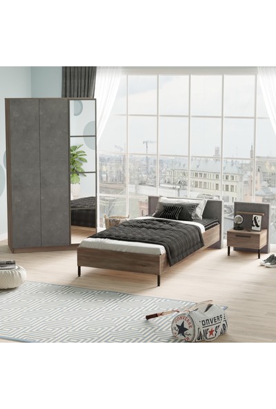 Yurudesign New Home Genç Odası Takımı 3'lü Set Beton-Kahve HM10-CG