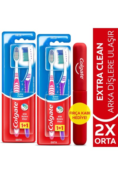 Colgate Extra Clean Orta Diş Fırçası 1+1 x 2 Adet + Diş Fırçası Kabı Colgate Extra Clean Orta Diş Fırçası 1+1 x 2 Adet + Diş Fırçası Kabı