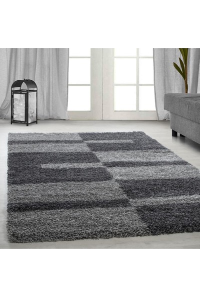 Ayyıldız Desenli Shaggy Halı Kareli ve Çizgili Motif 3 cm Hav Yüksekliği Gri Renkli