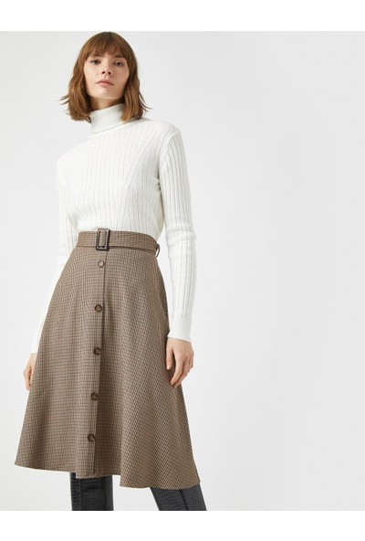 Koton Düğmeli Kemerli Kareli Etek