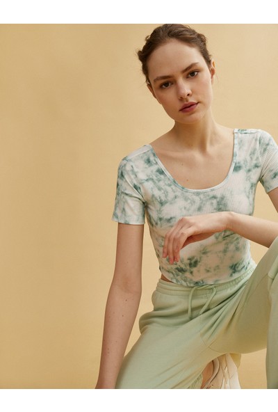 Koton Desenli T-Shirt Kısa Kollu Fitilli