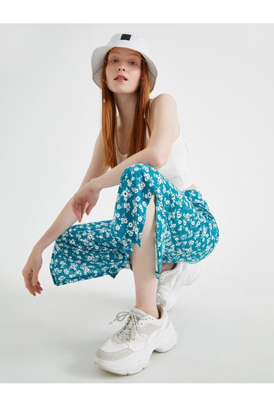 Koton Çiçekli Pantolon Yırtmaçlı Geniş Paça