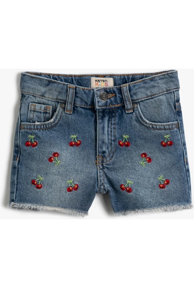 Koton Kız Çocuk Kirazli Islemeli Jean Şort Pamuklu