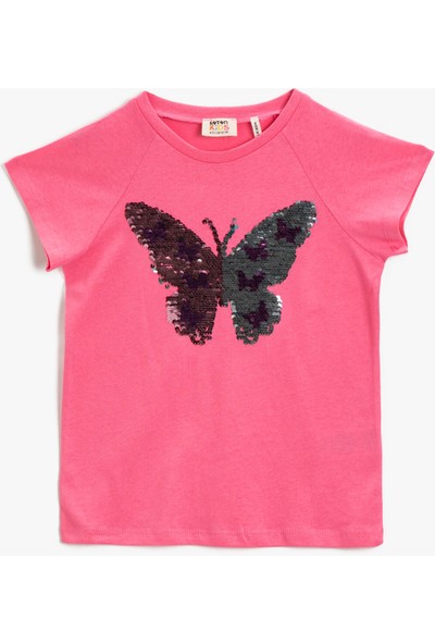 Koton Kız Çocuk Kısa Kollu T-Shirt Pullu Pamuklu