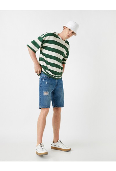 Koton Erkek Eskitilmiş Jean Şort Pamuklu