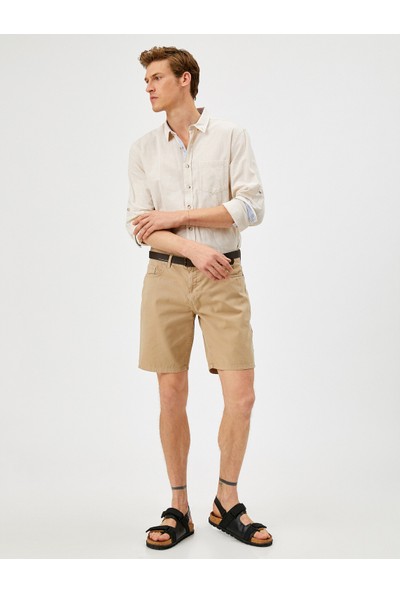 Koton Erkek Kemerli Şort Gabardin Kumaş 5 Cepli Pamuklu
