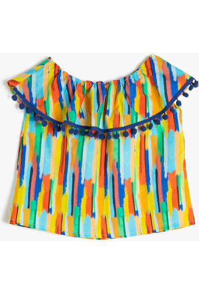 Koton Kids Desenli Poplin Kumastan Yakasi Fırfırlı Ponponlu Bol Kesim Bluz