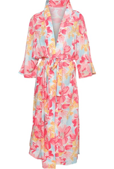 Quzu Desenli Bağlamalı Uzun Kimono Pembe