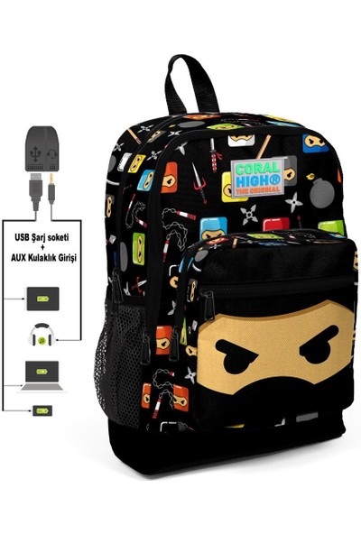 Coral High Kids Dört Gözlü Ninja Baskılı Usb + Aux Soketli İlkokul Çantası