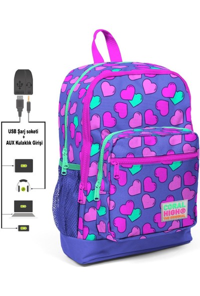 Coral High Kids Dört Gözlü Kalpler Baskılı Usb + Aux Soketli İlkokul Çantası
