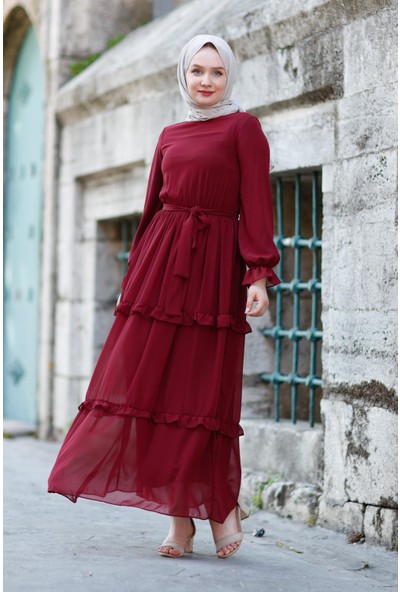 Meqlife Kolları Büzgülü Katkat Abiye - Bordo Meqlife Kolları Büzgülü Katkat Abiye - Bordo