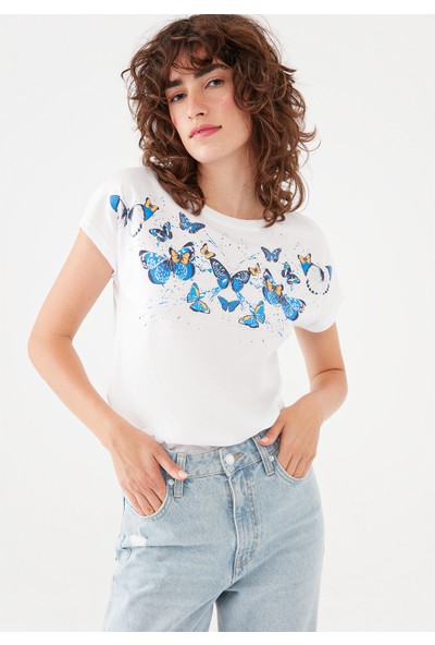 Mavi Kelebek Baskılı Beyaz Tişört