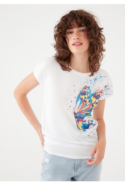 Mavi Kelebek Baskılı Beyaz Tişört