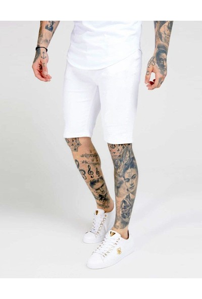 Siksilk Low Distressed Slim Fit Kot Şort Beyaz
