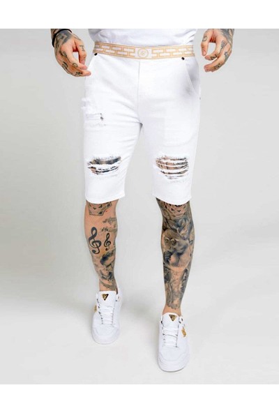 Siksilk Elasticed Distressed Slim Fit Kot Şort Beyaz
