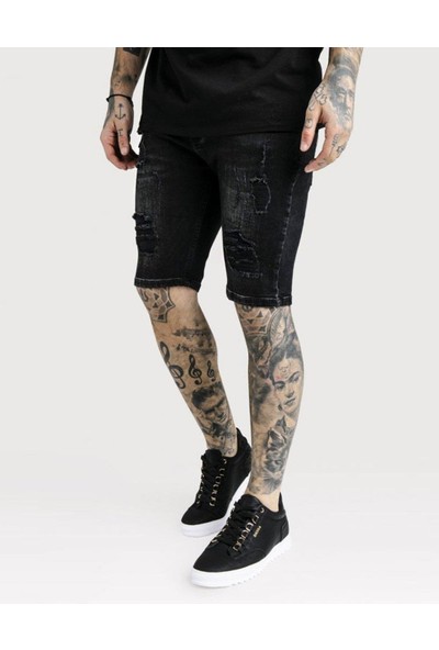 Siksilk Distressed Slim Fit Kot Şort Siyah Siksilk Distressed Slim Fit Kot Şort Siyah