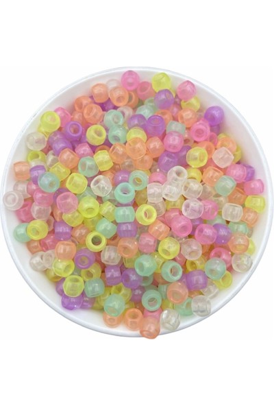 Hedef Bijuteri 25GR Şeffaf Karışık Renkli Floresanlı Geniş Delikli 8X6MM Silindir Boncuk (25GR,~130 Adet)