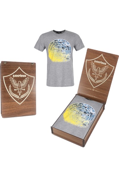 Fenerbahçe Orijinal Kafe Logo Erkek Gri Tshirt Özel Hediyelik Ahşap Kutulu