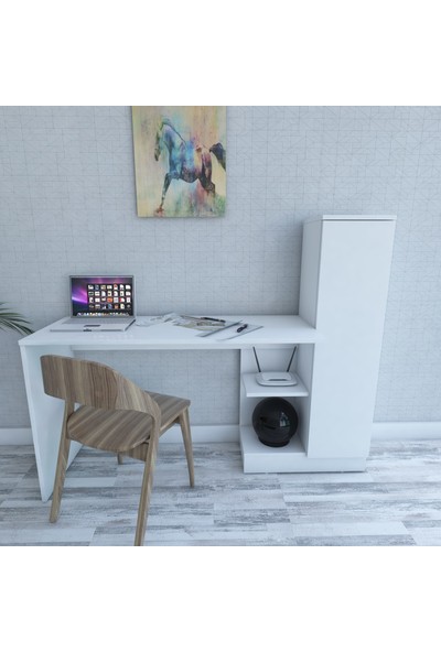 Dienni Beyaz Malta Kitaplıklı Çalışma Masası Tek Kapaklı 6 Raflı