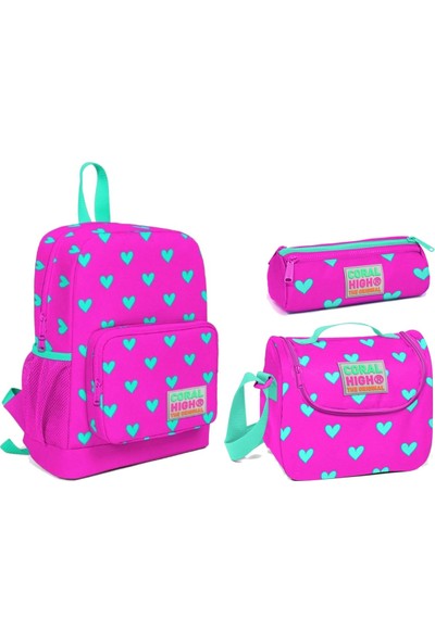 Yaygan Coral High Anaokul ve Ilkokul 1 Sınıf Okul Çantası Seti Pembe Kalp Desenli