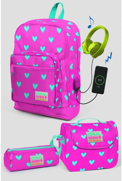 Yaygan Coral High Pembe Kalp Desenli Okul Çanta Seti Kız Çocuk
