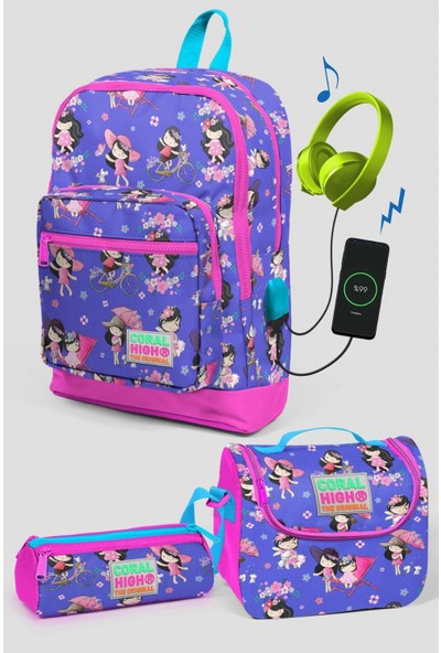 Yaygan Coral High Mor Kız Desenli Okul Çanta Seti Kız Çocuk