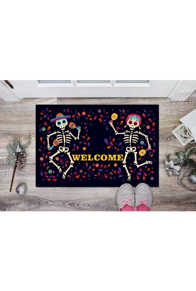 Ibsalpin Bayrak Welcome Yazılı Iskelet Desenli Dijital Baskılı Kaymaz Taban Paspas