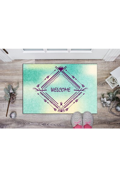 Ibsalpin Bayrak Welcome Yazılı Desenli Dijital Baskılı Kaymaz Taban Paspas